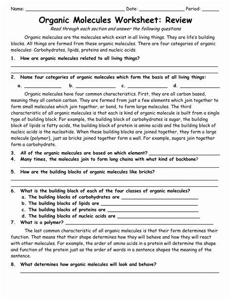 50 Biological Molecules Worksheet Answers