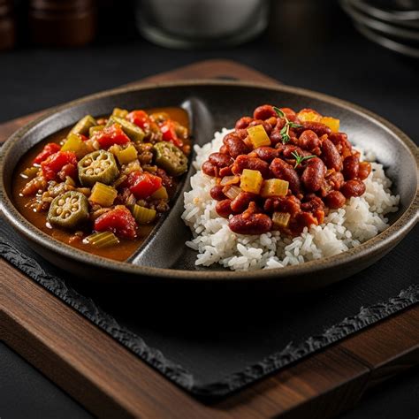 Cajun Vegetarian Feast Creole Okra Gumbo And Spicy Red Beans And Rice