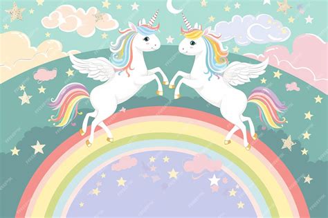 Premium Vector Cute Unicorns Flying Over Rainbow