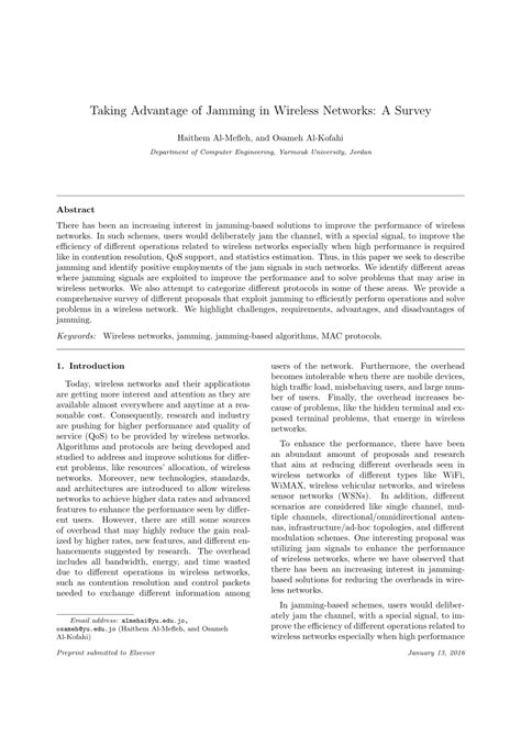 PDF Taking Advantage Of Jamming In Wireless Networks A Survey