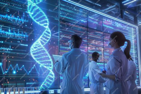 Premium Photo Futuristic Lab With 3d Dna Model And Scientists