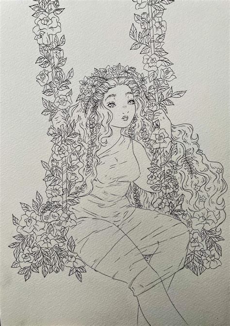 Woman On Floral Swing Inspired By Fernande Barrey R Lineart