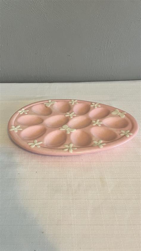 Vintage Pink Deviled Egg Platter Made Of Ceramic 12 Depressions For