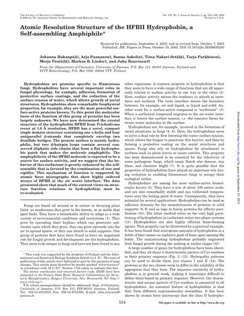 Pdf Atomic Resolution Structure Of The Hfbii Hydrophobin A Self