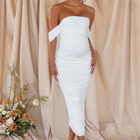 Club L Plus One White Ruched Bardot Maternity Depop