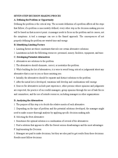 Seven Step Decision Making Proces A Defining The Problem Or