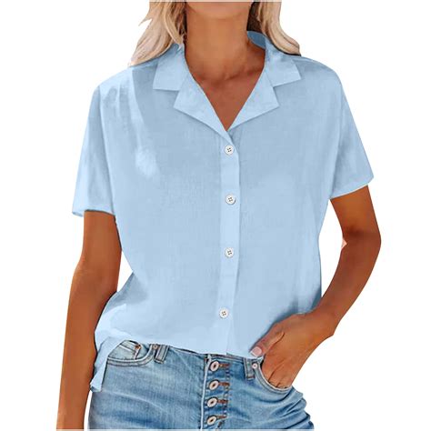 Tungbrin Womens Short Sleeve Shirts V Neck Collared Button Down Solid