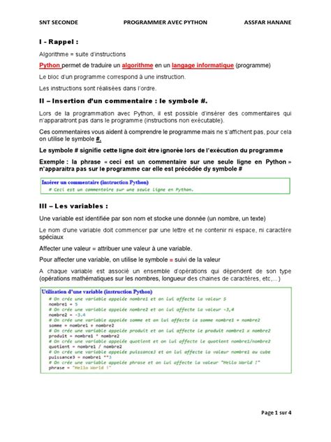 Programmation Python En Seconde Pdf Variable Informatique