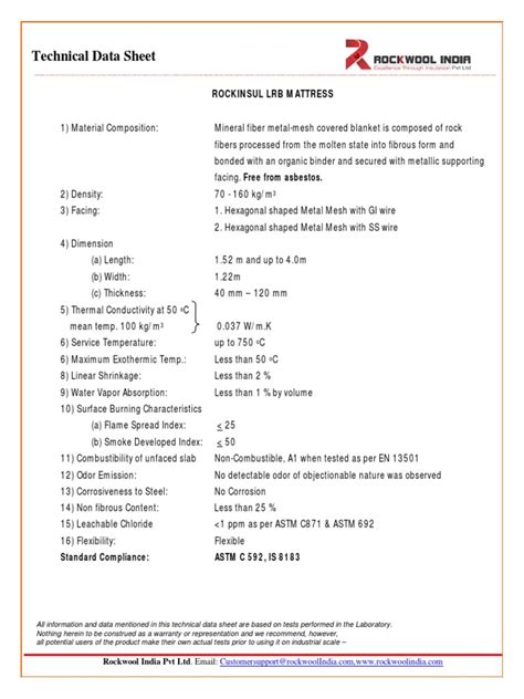 Rockwool Insulation Lrb Matress Pdf Mattress Thermal Insulation