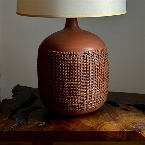 Design Technics Incised Terracotta Glaze Ceramic Table Lamp 1960s For