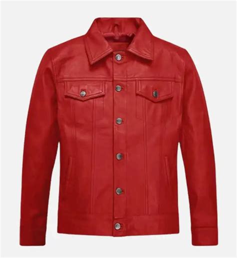 Mens Red Trucker Leather Jacket