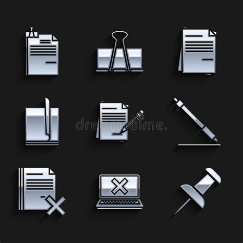 Set Blank Notebook And Pencil With Eraser Laptop Cross Mark On Screen Push Pin Pen Line