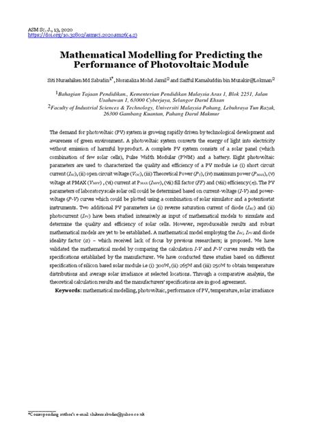 Mathematical Modelling For Predicting The Performance Of Photovoltaic Module Pdf