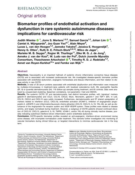 Pdf Biomarker Profiles Of Endothelial Activation And Dysfunction In