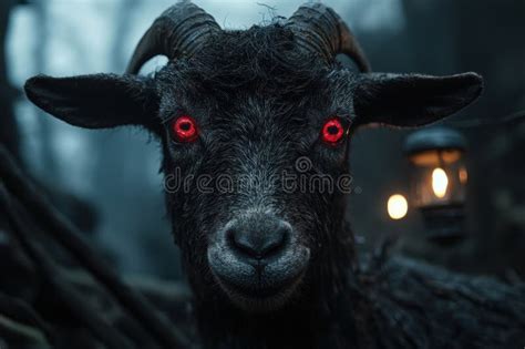 Close Up Of A Black Goat With Red Eyes In A Dark Moody Setting Stock