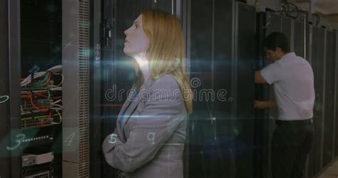 Image Of Virus Warning And Caucasian Woman And Man Checking Servers