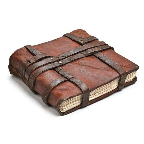 Aged Brown Leather Bound Book With Straps On White Background Stock