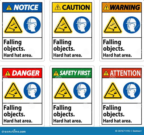 Warning Sign Falling Objects Hard Hat Area Stock Vector Illustration