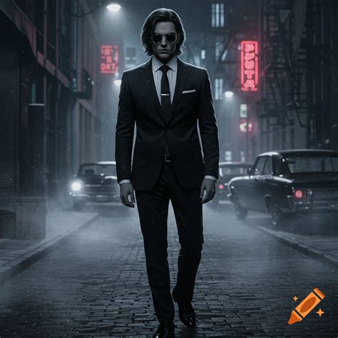 A Man In A Dark Suit And Sunglasses Walks Down A Misty Wet City Street