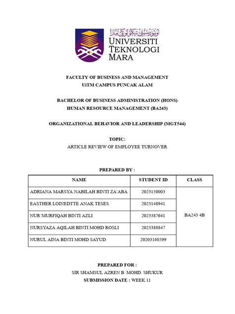 Organizational Behaviour Group Assignment Report Pdf Employee Retention Employment