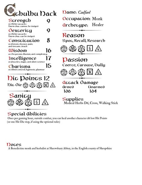Notes On An Upcoming New Character Sheet For The Cthulhu Hack