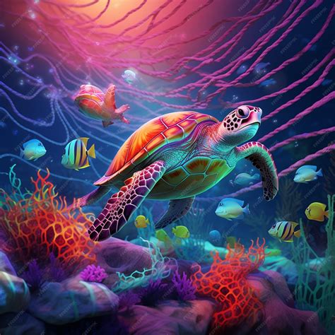 Premium Photo Brightly Colored Sea Turtle Swimming In A Coral Reef