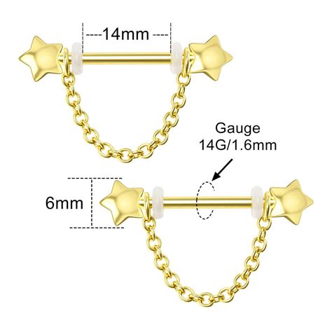 Oufer 2pcs 14g Star Nipple Piercing Chain