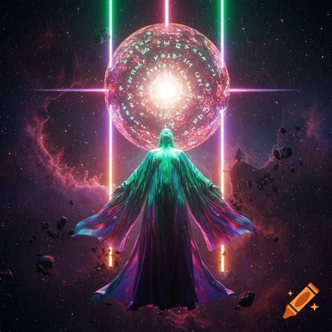 A Cosmic Entity In Flowing Robes Stands Before A Radiant Sphere With Glowing Runes Surrounded