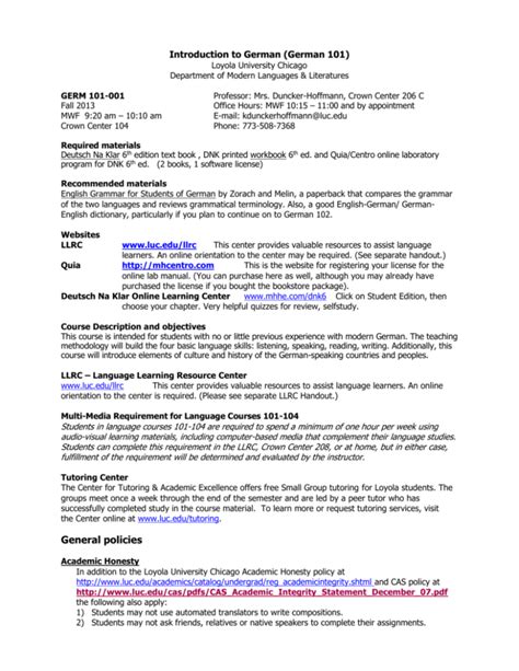 German 101 Syllabus Loyola University Chicago