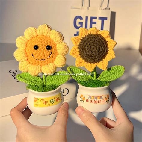 Handmade Woven Potted Simulation Sunflowers Flower Yarn Crochet Knitte