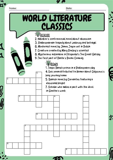 World Literature Classics Vocabulary Crossword Puzzle Quick And Simple
