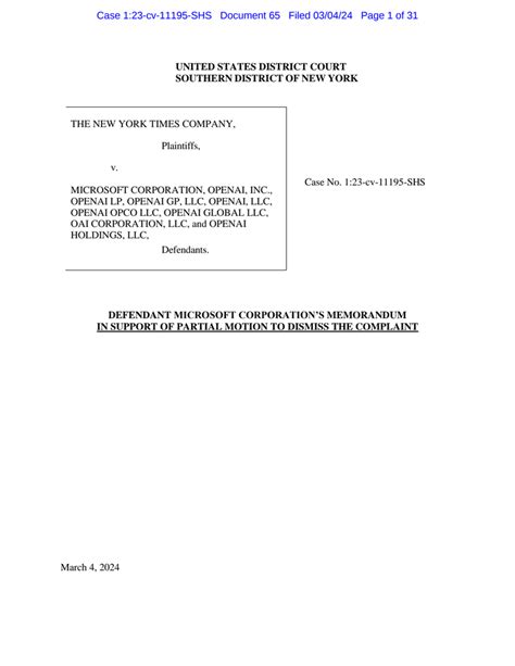 Nyt Vs Microsoft Openai Microsoft Memo In Support Of Motion To
