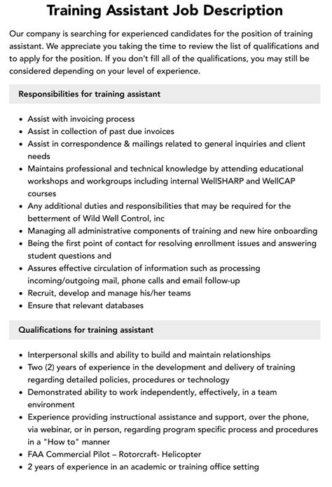Training Assistant Job Description Velvet Jobs