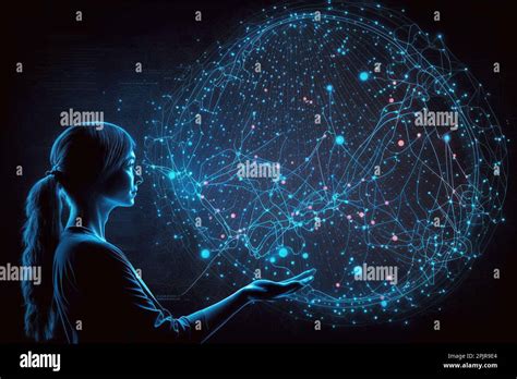 big data concept digital neural network business woman hand touching