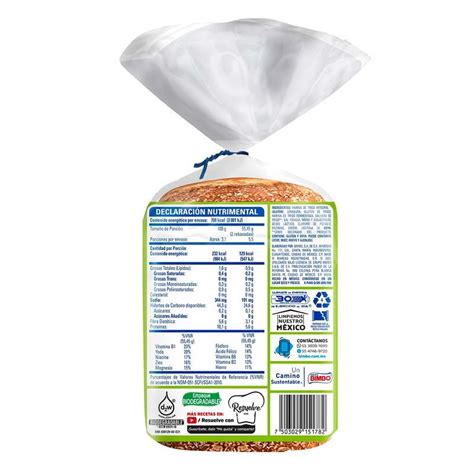 Pan Integral Bimbo Cero Cero 0 Azúcar Y Grasas Añadidas 305g Chedraui