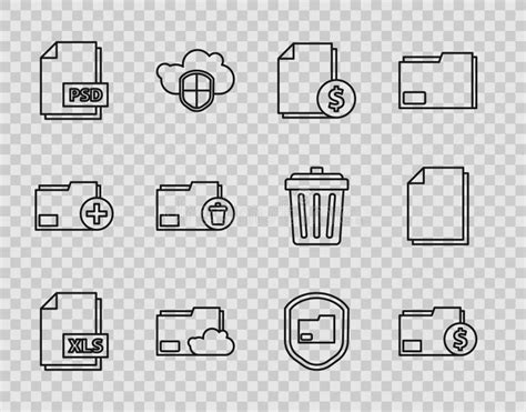 Set Line Xls File Document Finance Folder Cloud Storage Text Psd