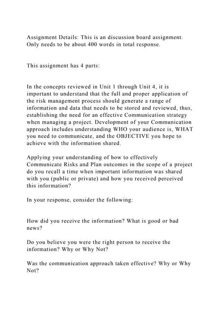 Assignment Details This Is An Discussion Board Assignment Only Nee
