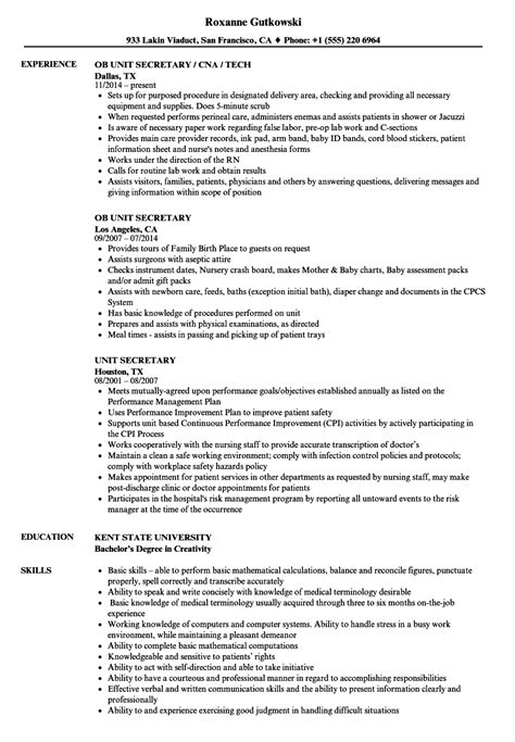 Unit Secretary Resume Samples Velvet Jobs