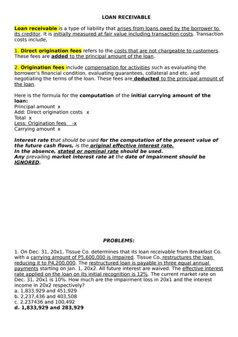 Loan Receivable Problems Loan Receivable Loan Receivable Is A Type Of