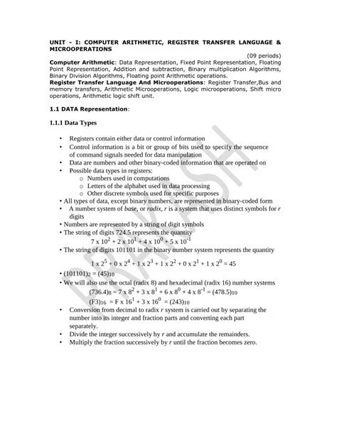 Pdf Microoperations Computer Arithmetic Register Transfer · Unit I Computer Arithmetic