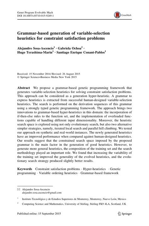 Pdf Grammar Based Generation Of Variable Selection Heuristics For Constraint Satisfaction Problems