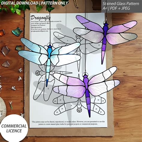 Three Dragonfly Stained Glass Patterns Single Page Pdf And  Format