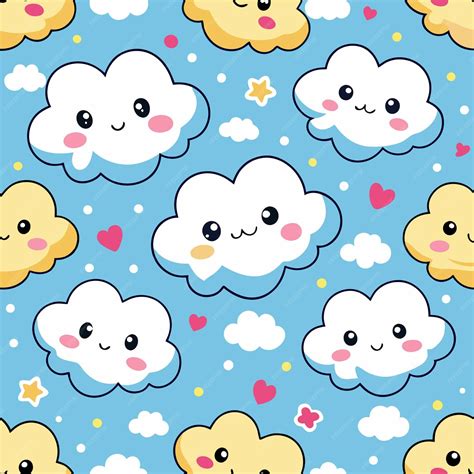Cute Cloud Pattern With Smiling Faces And Colorful Accents Premium Ai