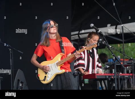 Polly Louise Mackey Of Welsh Band Art School Girlfriend Playing A Fender On Walled Garden Stage
