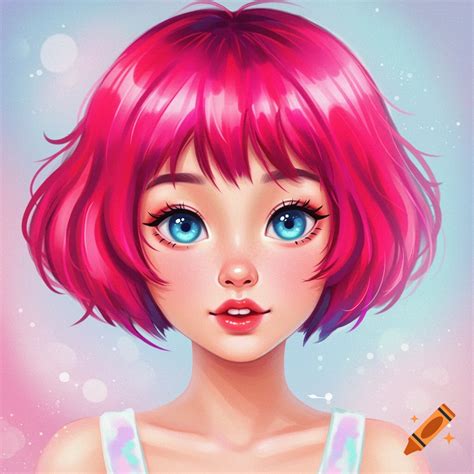 A Young Girl With Short Pink Hair And Large Blue Eyes In Anime Style