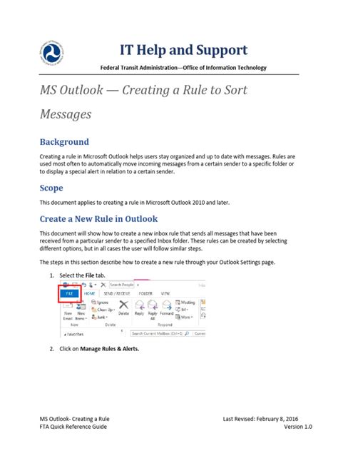 Creating A Rule In Microsoft Outlook Quick Reference Guide Pdf Microsoft Outlook World