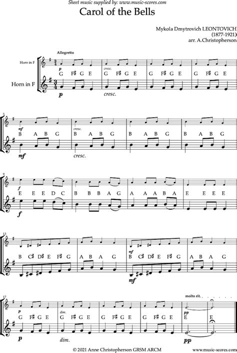 Leontovich Carol Of The Bells Easy French Horn Solo Classical Sheet