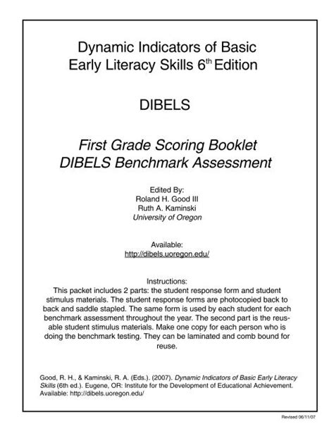 First Grade Scoring Booklet Dibels Benchmark Assessment