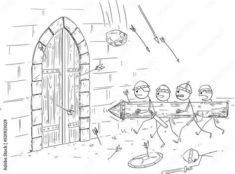 Battering Ram Attacking Castle Gate During Medieval Battle Or Siege