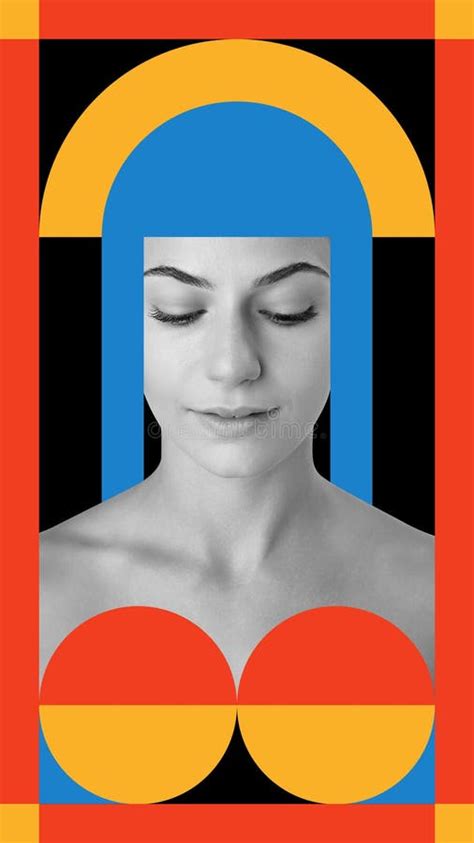 Black And White Portrait Of Young Beautiful Woman With Abstract Colorful Geometric Shapes